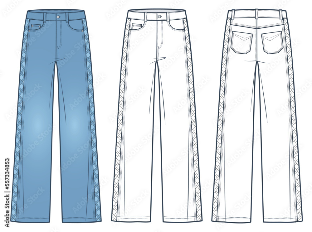 Jeans Pants technical fashion illustration, blue design. Denim Pants ...