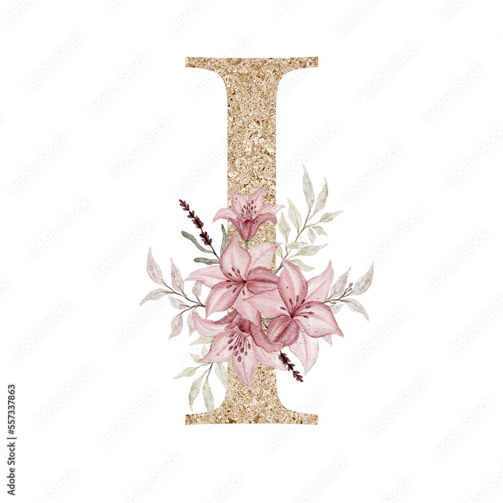 Floral alphabet, gold letter with watercolor flowers and leaf Stock ...