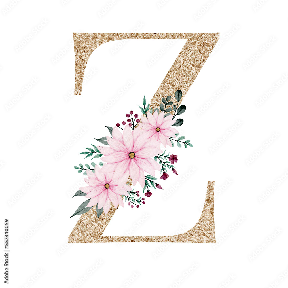 Floral alphabet, gold letter with watercolor flowers and leaf Stock ...