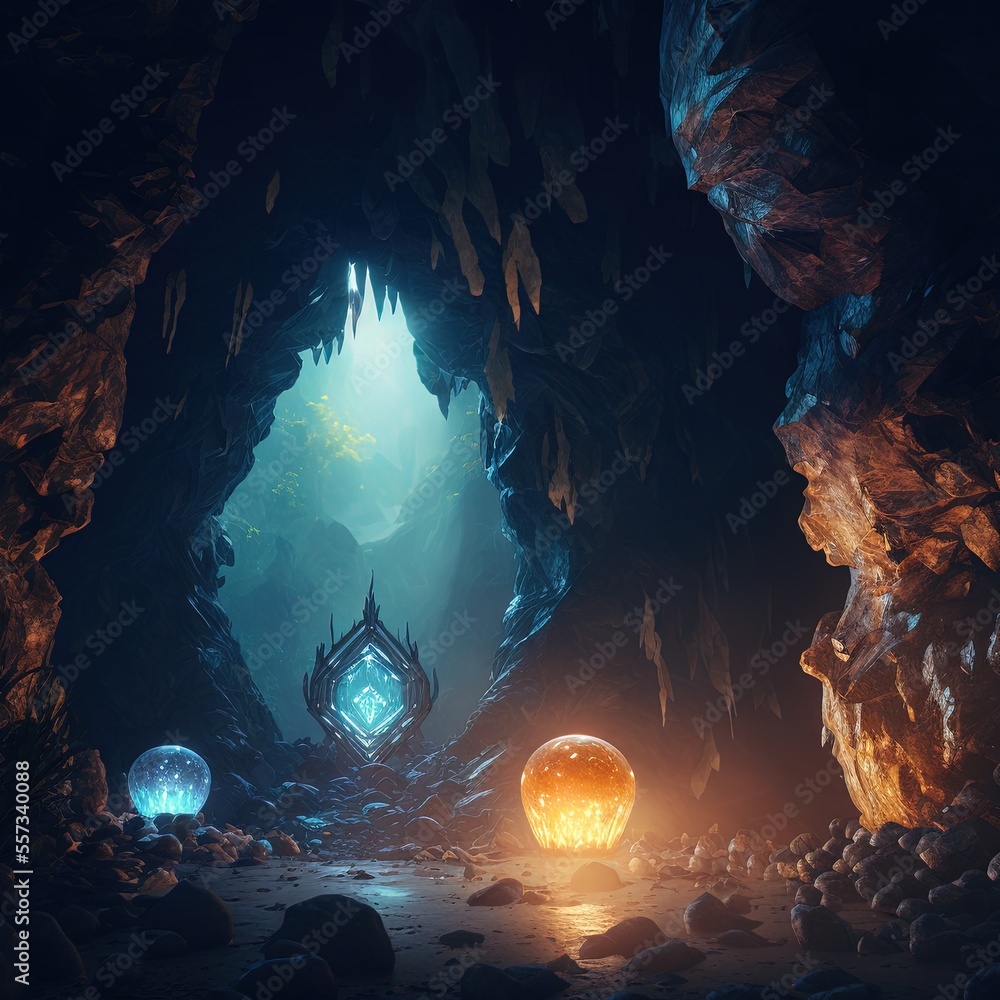 A beautiful fantasy environment of a mystical cavern with magical ...