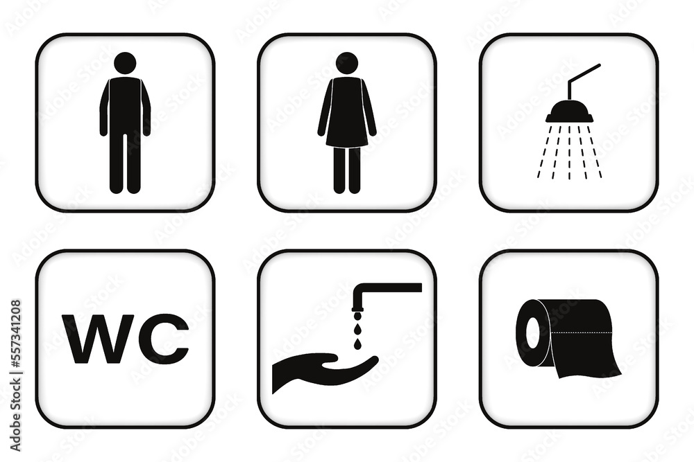 Restroom signs. WC signs. Toilet signs. Men, Women, shower room, hand ...