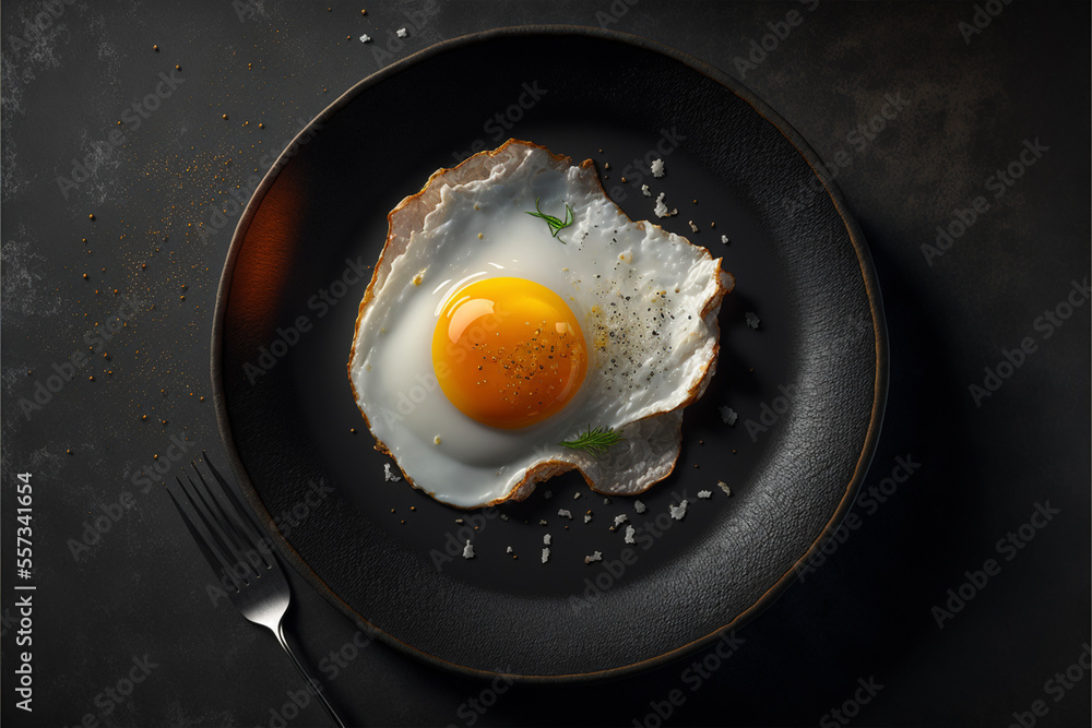 fried egg in black plate, top view. Generated AI Stock Illustration ...