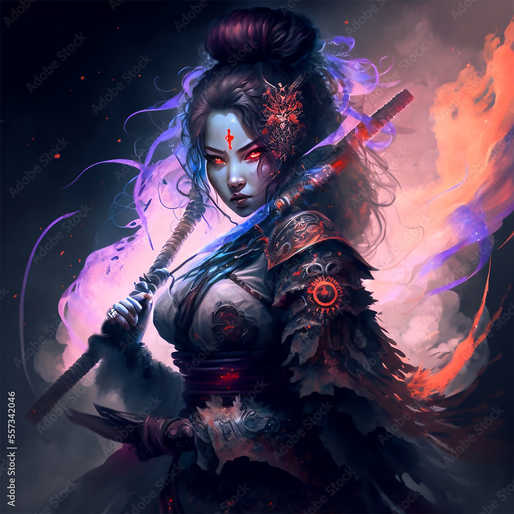 The geisha warrior is carrying a katana. The environment around her is ...
