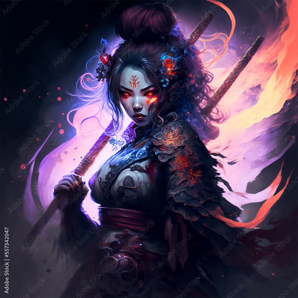 The geisha warrior is carrying a katana. The environment around her is ...