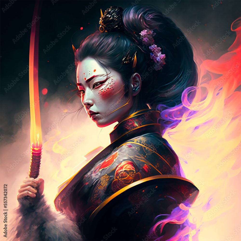 The geisha warrior is carrying a katana. The environment around her is ...