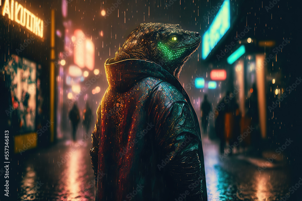 lizard wearing a raincoat, street, rain, neon, cyberpunk, art ...