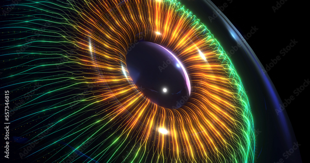 Optical fibers forming 3d human eye. Artificial intelligence concept ...