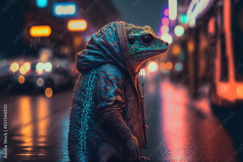 lizard wearing a raincoat, street, rain, neon, cyberpunk, art ...