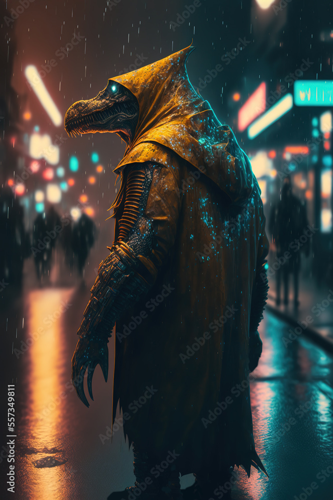 dinosaur, reptilian wearing a raincoat, street, rain, neon, cyberpunk ...