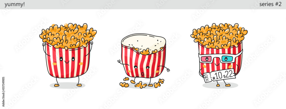 Vektorová grafika „Popcorn. Set of cute kawaii characters. Funny ...