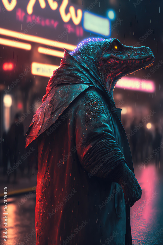 dinosaur, reptilian wearing a raincoat, street, rain, neon, cyberpunk ...