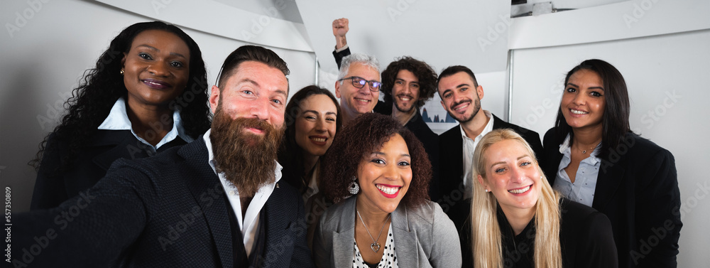 Horizontal banner or header with Group of happy colleagues of diverse ...
