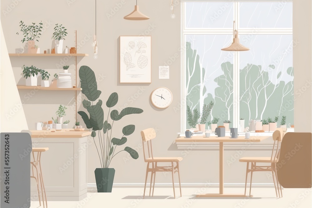 Scandinavian style cafe coffee shop interior illustration Stock ...
