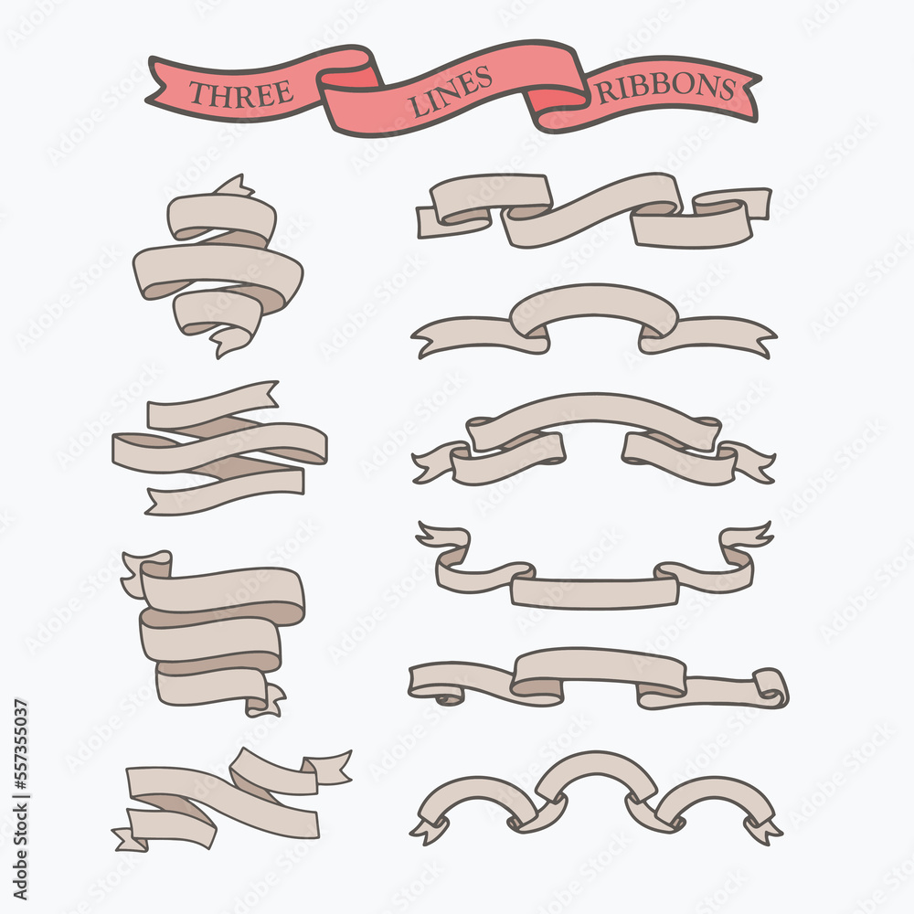 VECTORS. Three lines ribbons with flat shading, three-stripe banners ...