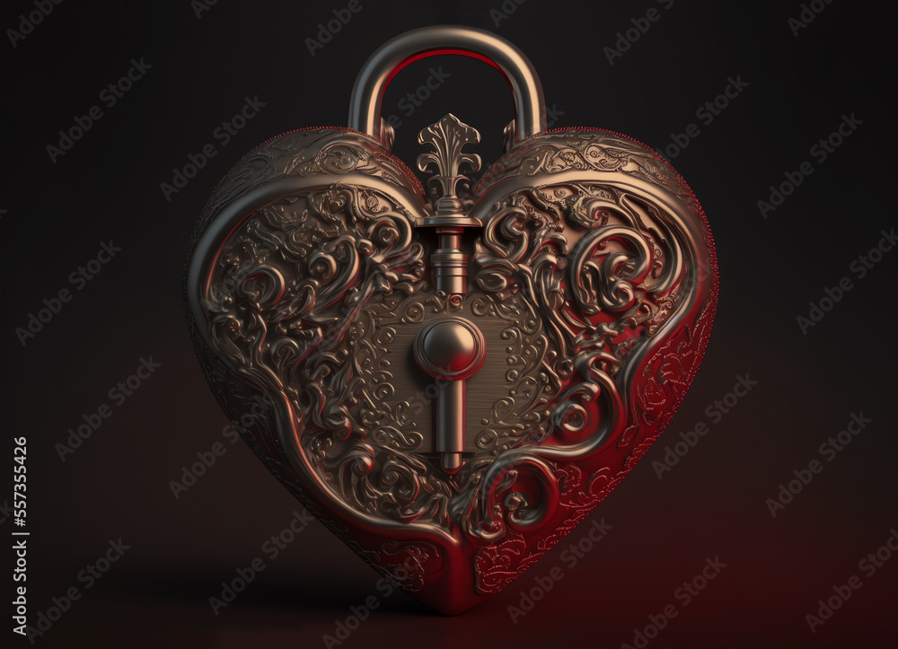 Metallic medieval heart lock, engraved texture of red and gold, dark ...