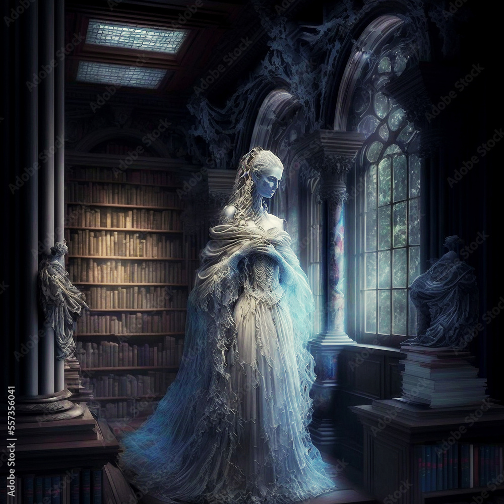 Beautiful ghost of the lady of the castle walking in the library with ...