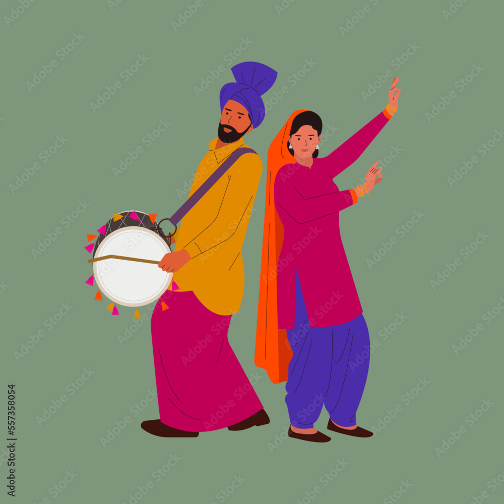 Panjabi couple dancing vector, illustration for invitation card, poster ...