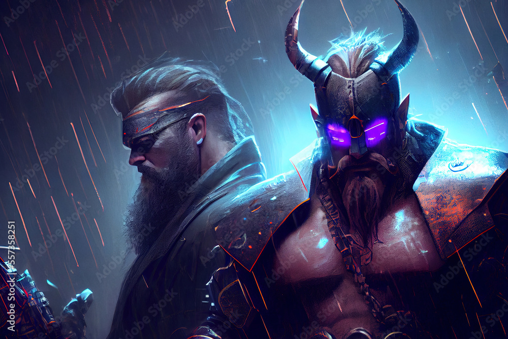 Futuristic cyberpunk viking warriors in action. Dark scene with ...