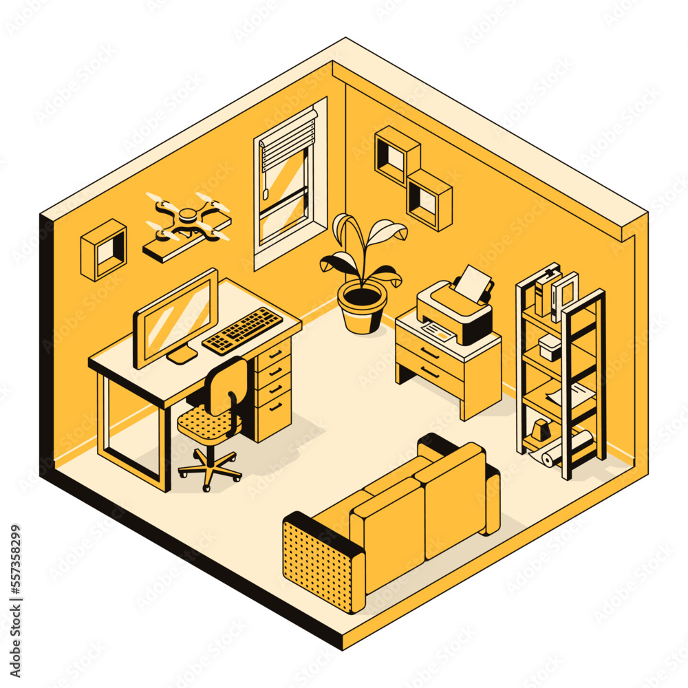 3D workplace, table with computer, printer, work desk. Interior design ...