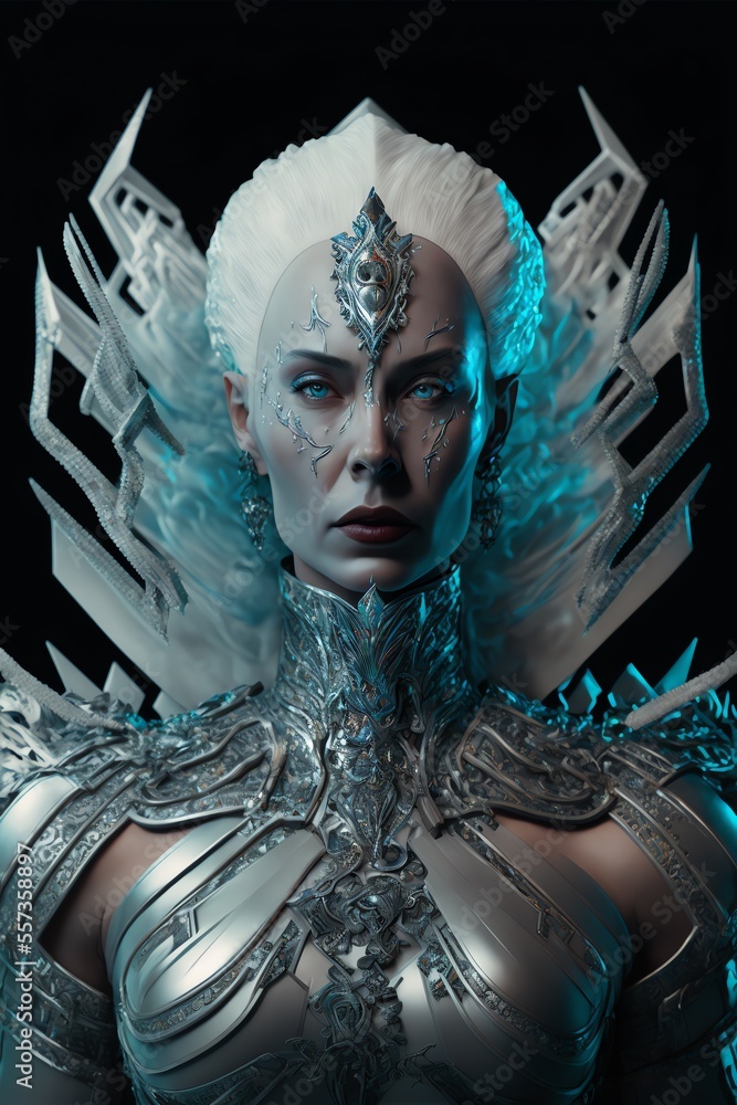 Renaissance cyborg ice queen with metal armor, portrait, illustration ...