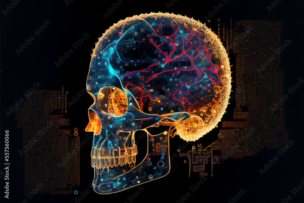 Human skull showing Intelligent thinking through the concept of a neural brain network printed ...