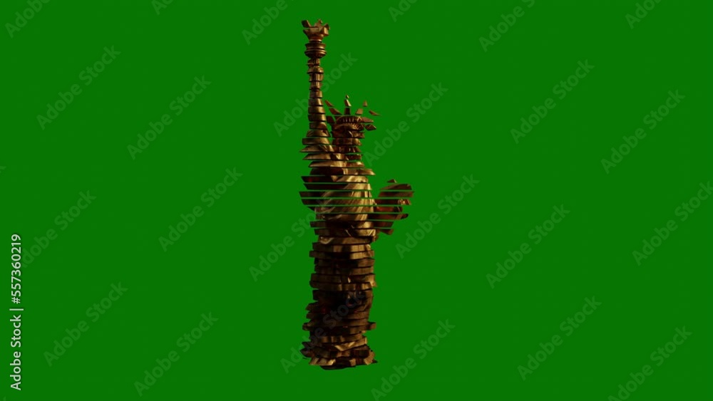 Loop 3d animation of the golden Statue of Liberty on a green background ...