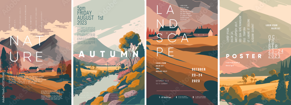 Nature and Landscape. Autumn. Europe. Typography design. Set of flat ...