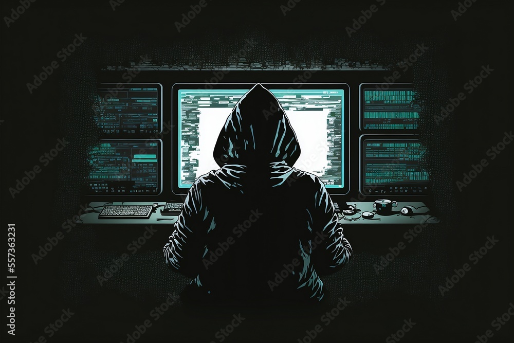 computer hacker wearing hoodie hacking computer illustration Stock ...