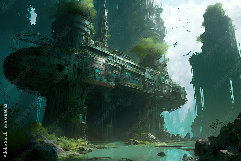 Futuristic Space Complex in a Swamp, Concept Art, Digital Illustration ...