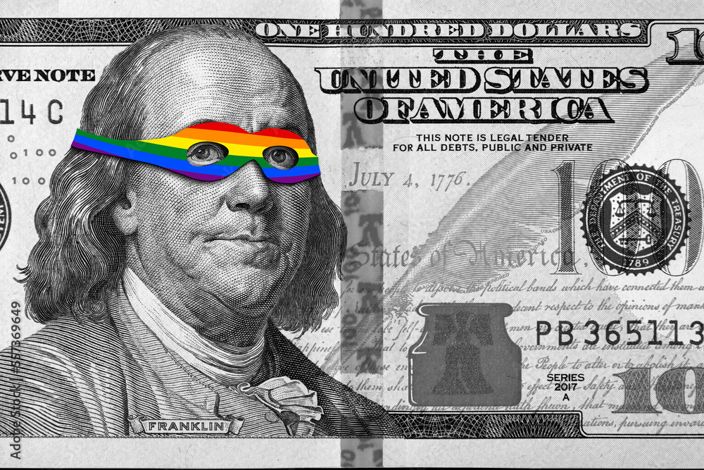 Portrait of Benjamin Franklin wearing a mask in the colors of the LGBT ...