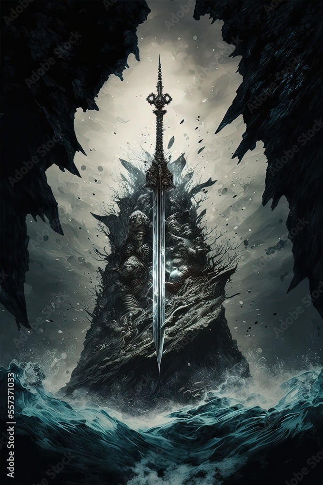 Excalibur stuck in an obsidian rock, Mythical Longsword 3D render Stock ...