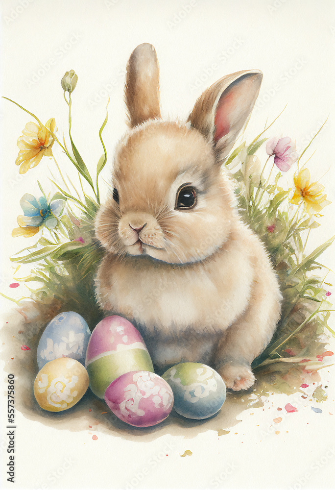 Easter bunny rabbit surrounded by colourful eggs with a pastel ...