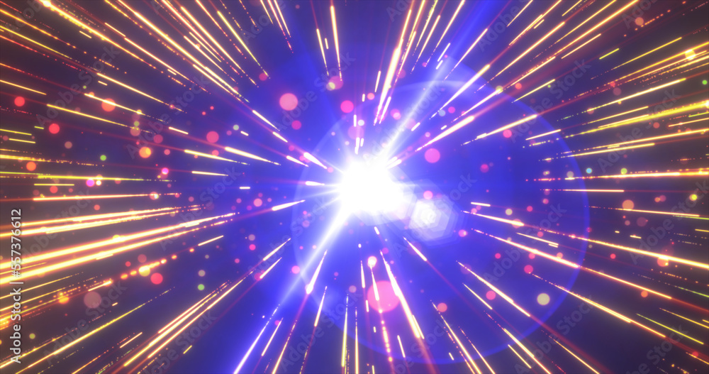 Abstract blue yellow flying stars bright glowing in space with ...