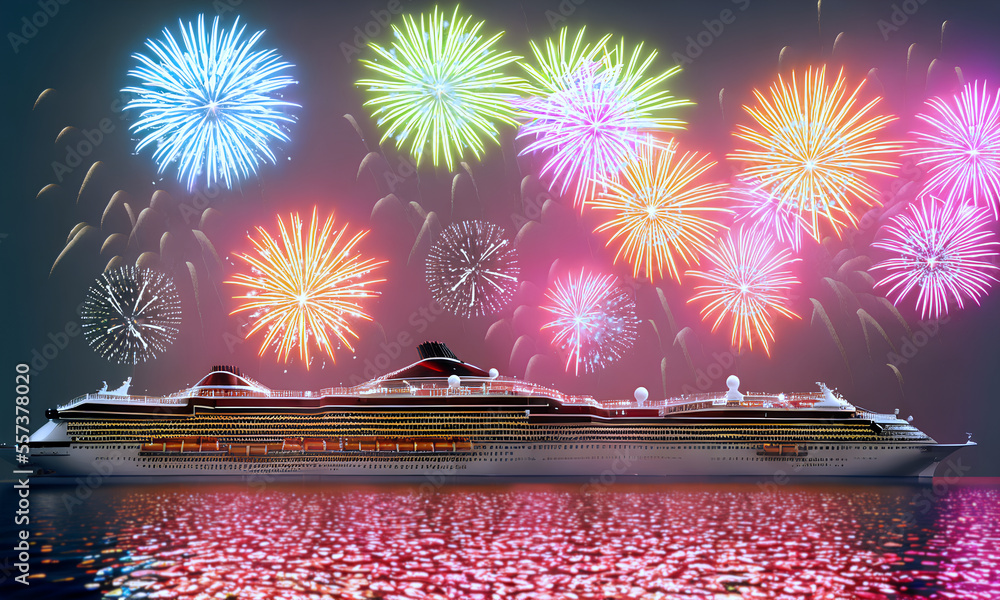 Cruise ship and Fireworks show - digital illustration Stock ...