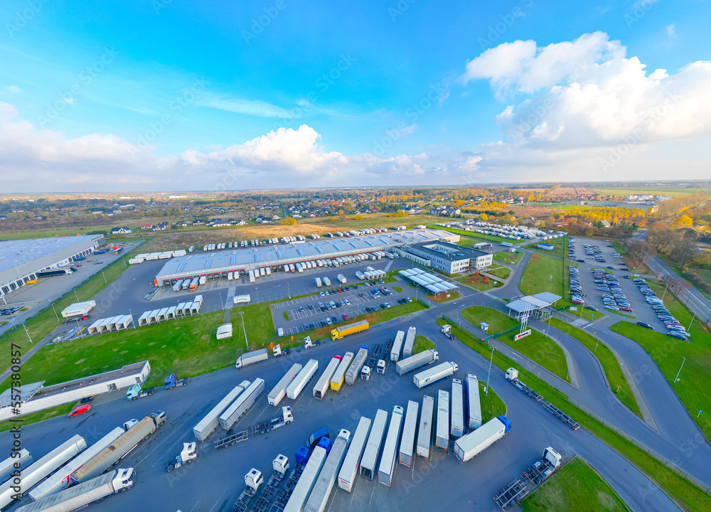 Aerial view of goods warehouse. Logistics center in industrial city ...
