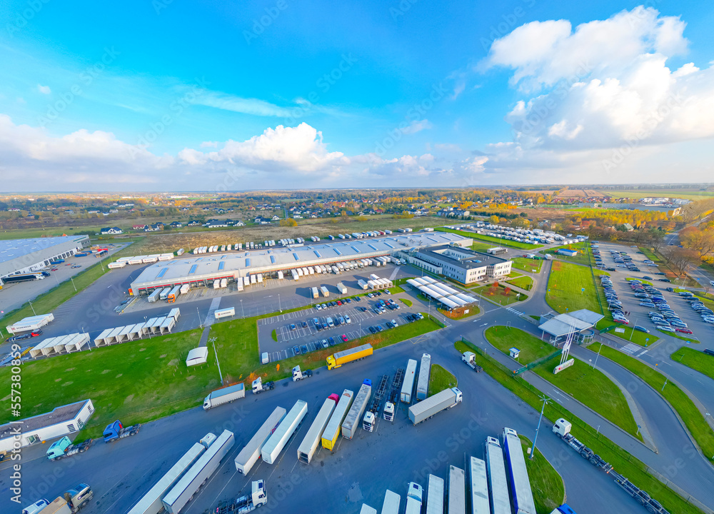 Aerial view of goods warehouse. Logistics center in industrial city ...
