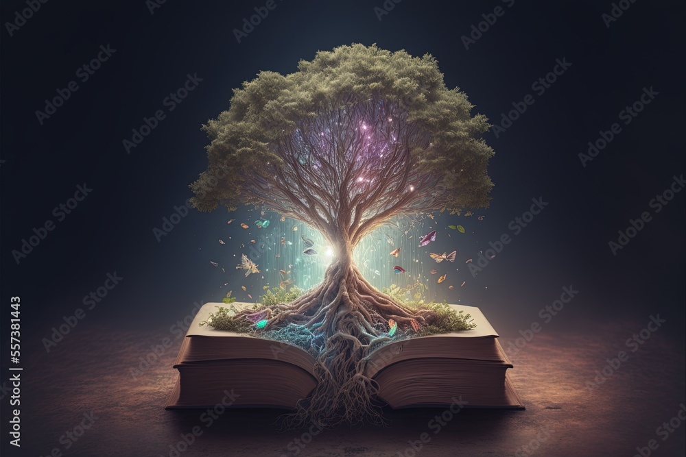 Open book with magical green tree and rays of light on wooden deck ...