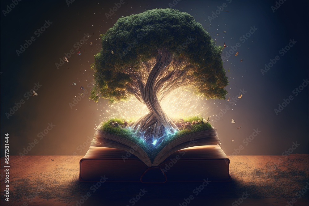 Open book with magical green tree and rays of light on wooden deck ...