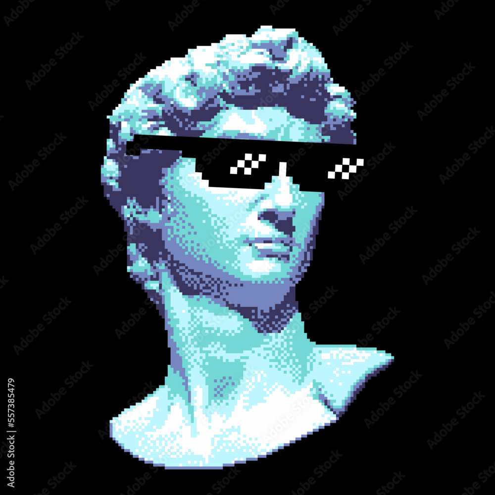 Head of statue, pixelated sunglasses. David sculpture bust illustration ...