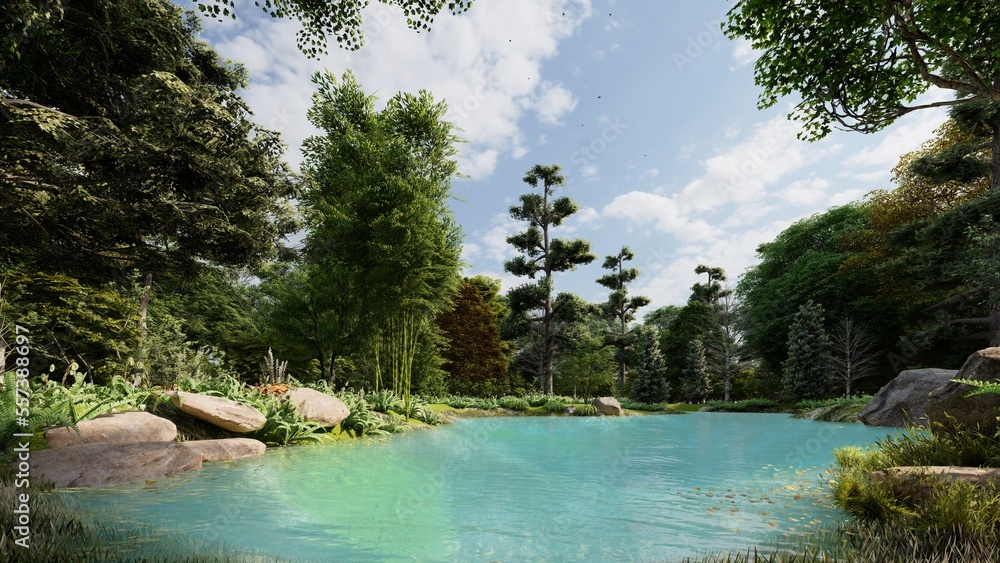 Nature environment scene with grass and trees illustration wall mural ...