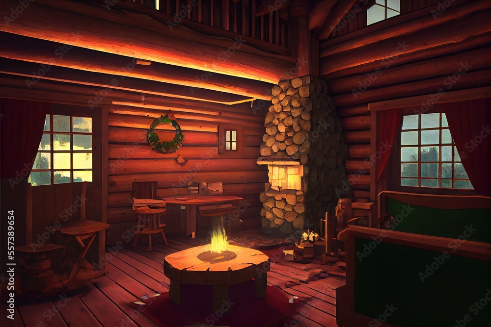 Log Cabin Interior - rustic log cabin created by generative AI. Simple ...