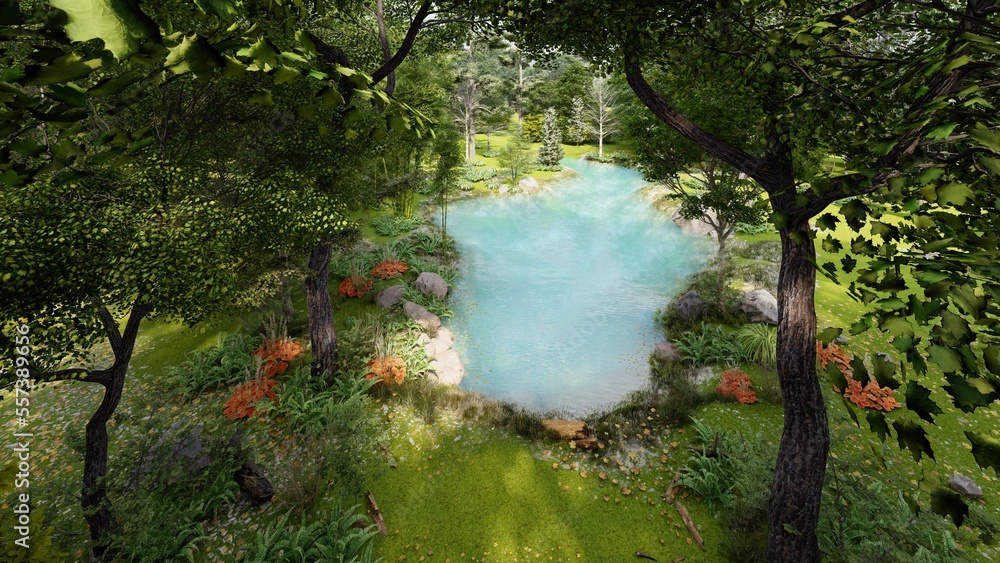 Nature environment scene with grass and trees illustration wall mural ...