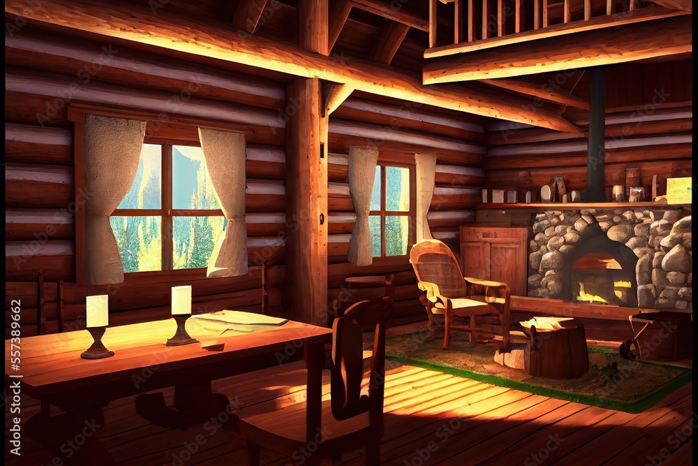 Log Cabin Interior - rustic log cabin created by generative AI. Simple ...