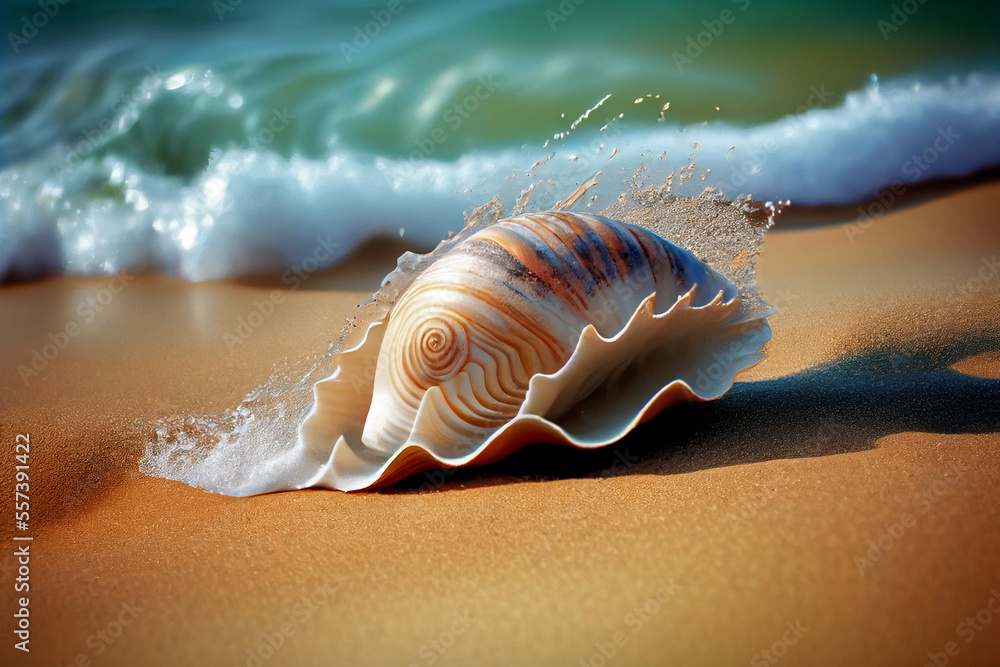 Big seashell on the sand on the beach in the back-light of sunset ...