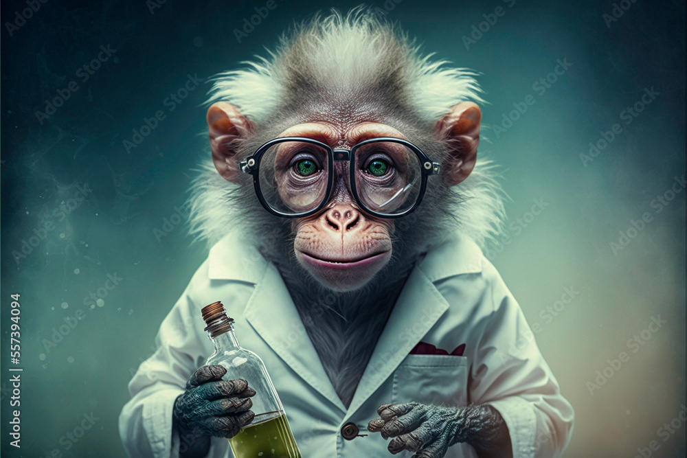 Affe im weißen Kittel mit Brille als Wissenschaftler verkleidet Stock ...