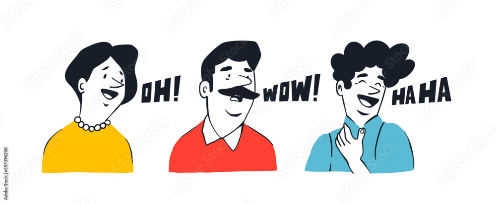 Smiling, affected, amazed and touched people. Facial expression, human ...