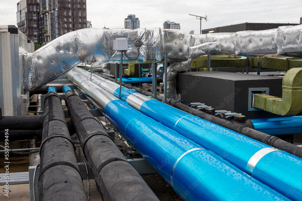 Pipe of air conditioner system on roof. a lot of pipe for air ...