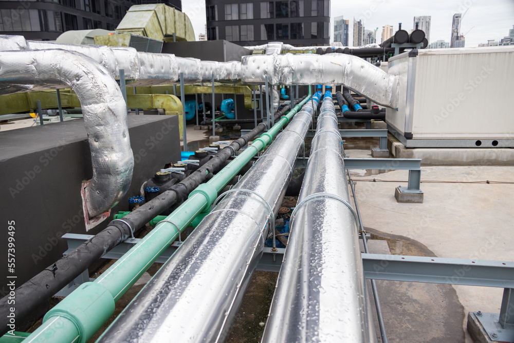 Pipe of air conditioner system on roof. a lot of pipe for air ...