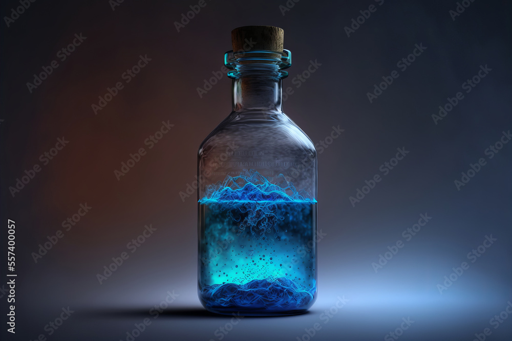 Chemical glass bottle filled with blue potion isolated on gradient ...