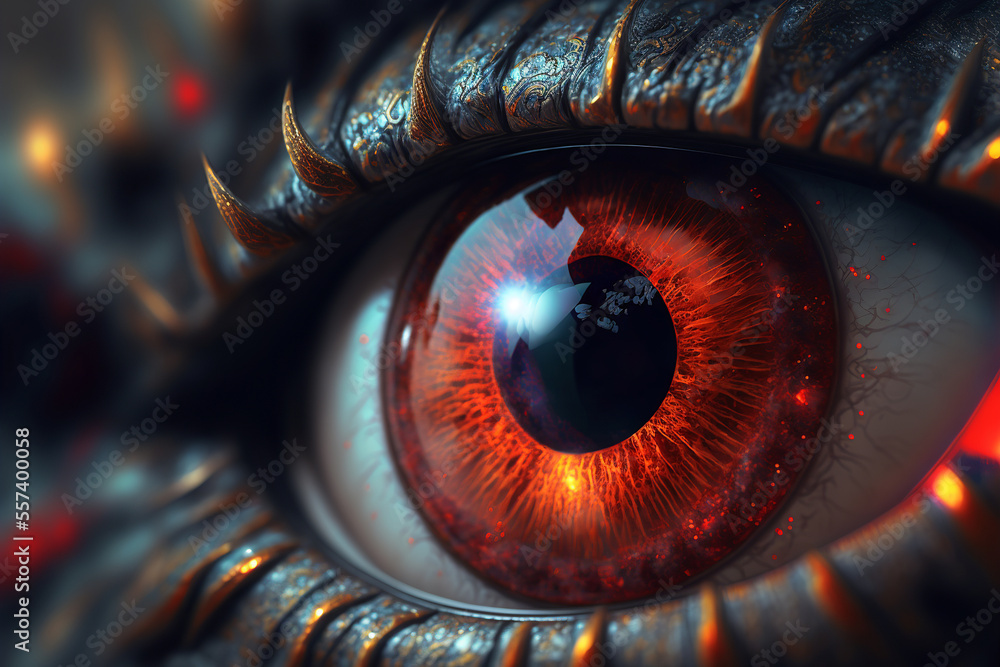 Red dragon eye. Red iris with black eyeball pupillary, AI Generative ...